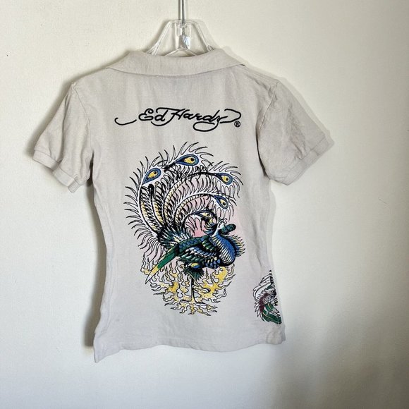 Ed Hardy | Tops | Ed Hardy Womens Polo Shirt Peacock Embellished Size M ...